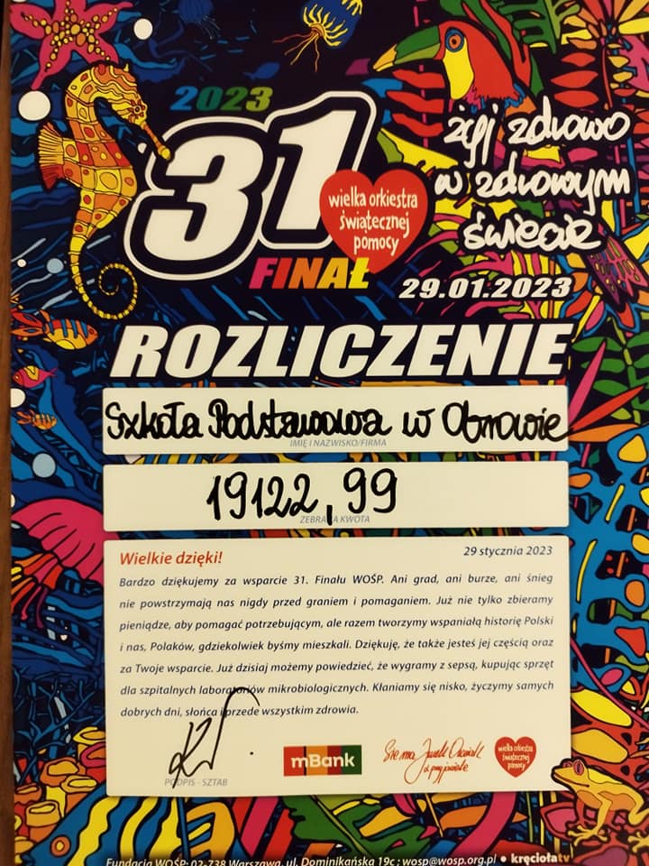 Podsumowanie 31 Finału WOŚP – Szkoła Podstawowa im. Jana Pawła II w Obrowie